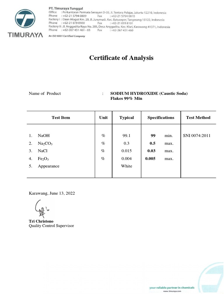 CoA NaOH Flakes 99% - 220613 | PDF