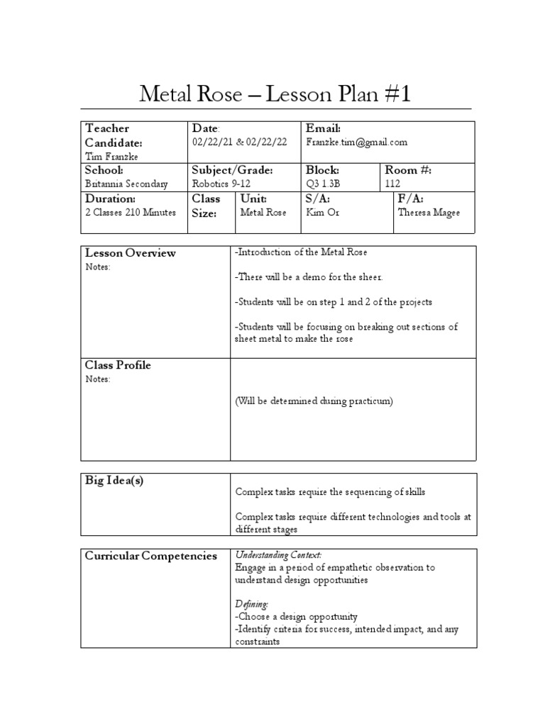 1 Metal Rose - Lesson Plan 1 | PDF | Sheet Metal | Learning