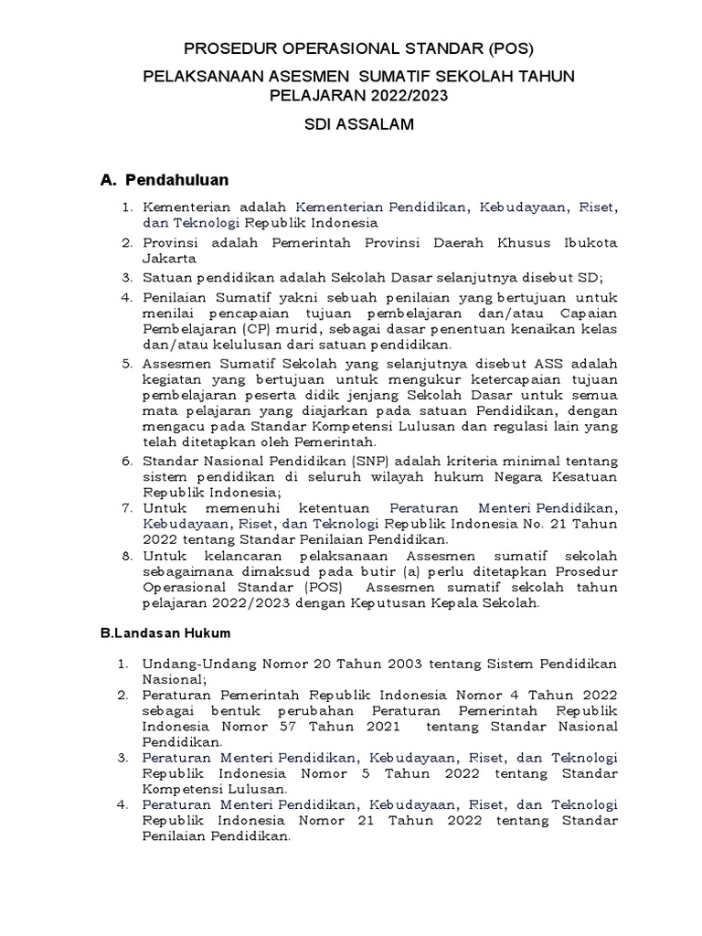 Prosedur Operasional Standar Sdi Assalam | PDF
