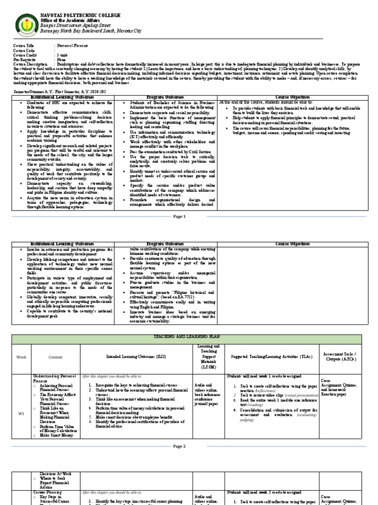 Personal-Finance - Syllabus (1) (Maricar) NEW | PDF | Credit | Finance ...