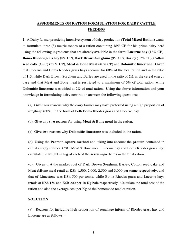 Assignments On Ration Formulation For Dairy Cattle Feeding | PDF ...