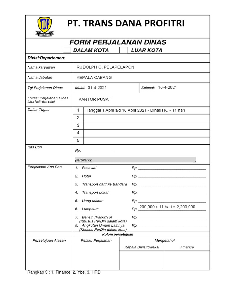 Form Perjalanan Dinas PT. Trans Dana Profitri | PDF | Pengelolaan ...