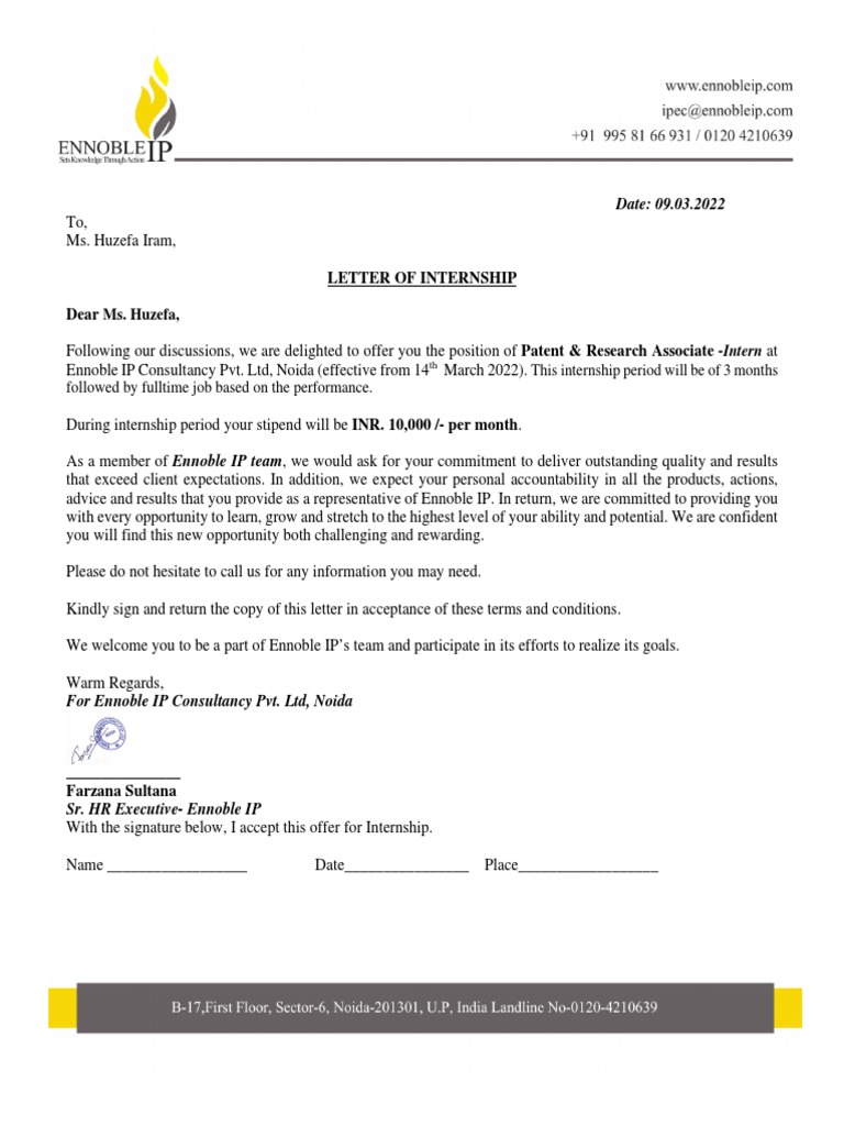 Ms. Huzefa Iram-Internship Letter | PDF