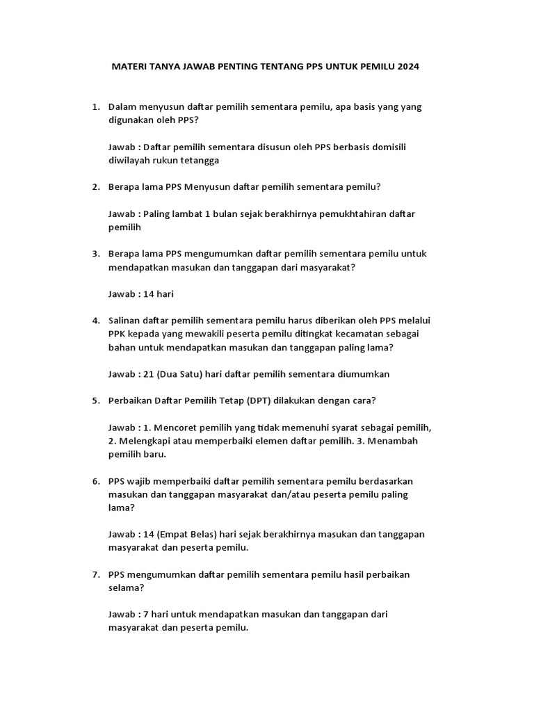 100 Soal PPS Tanya Jawab Dari Buku Pintar Pemilu 2024 | PDF