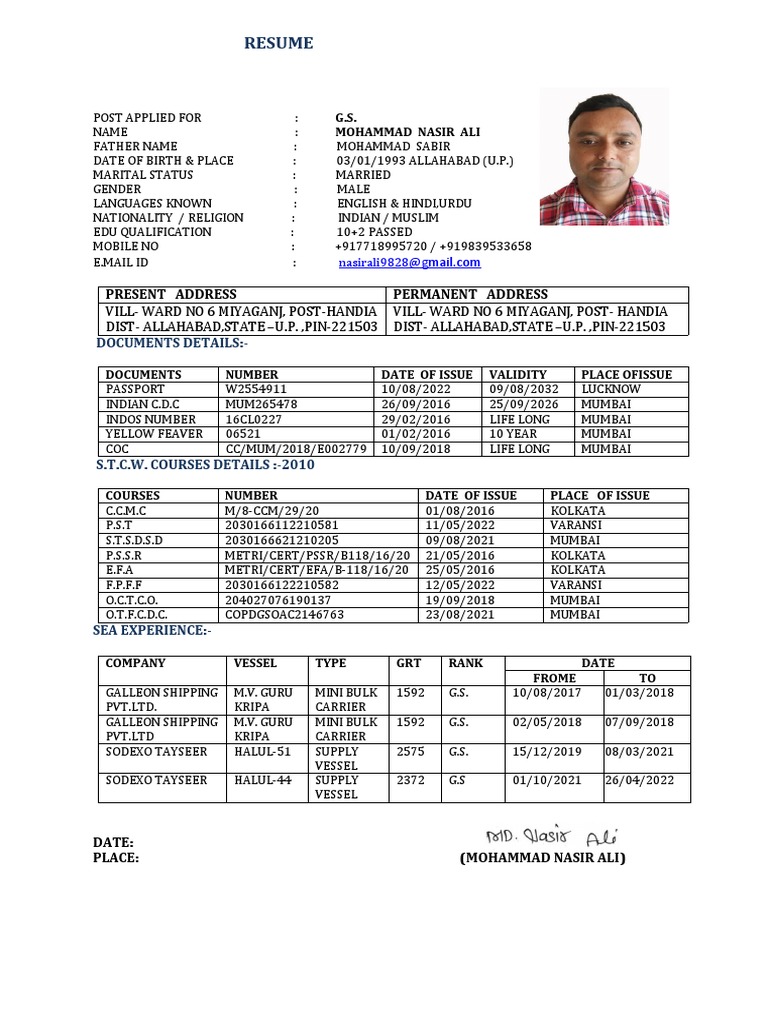 A Well-Qualified Candidate Seeking the Position of G.S.: Mohammad Nasir Ali's Resume | PDF