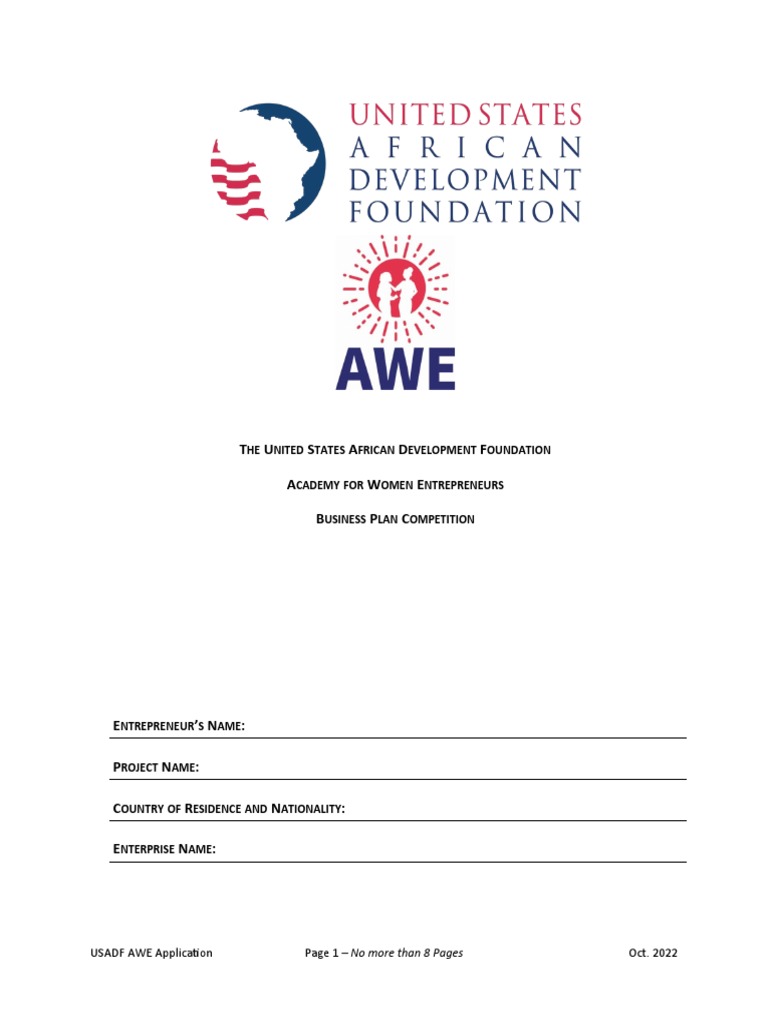 2022 USADF AWE Grant Application | PDF | Entrepreneurship | Loans
