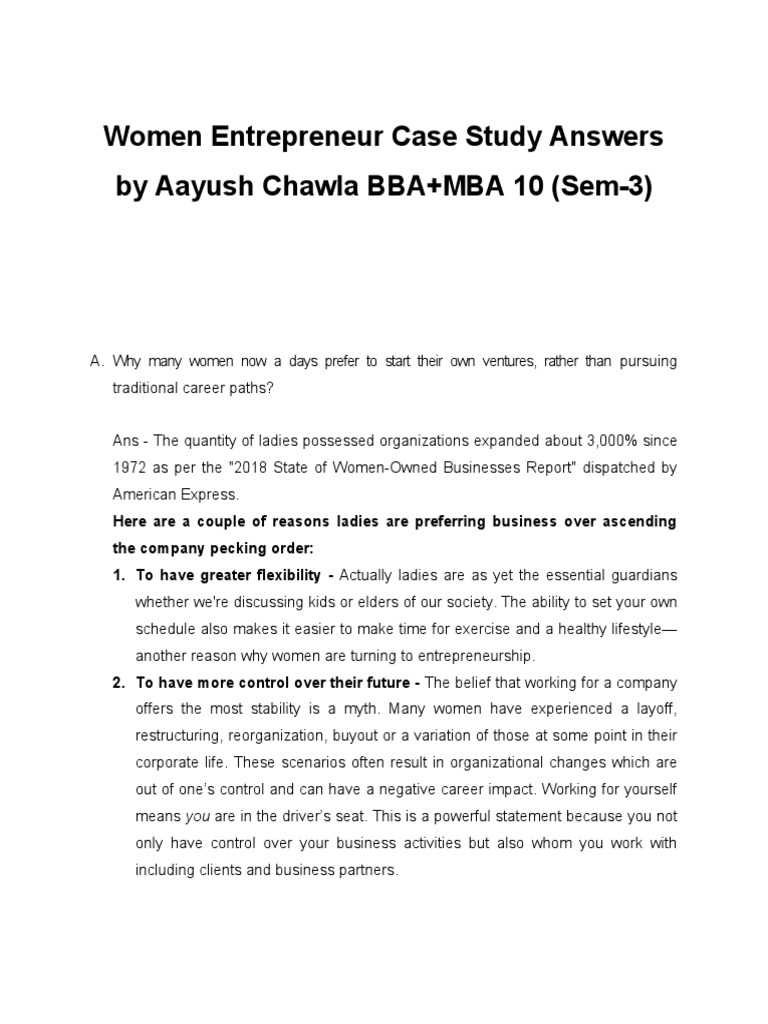 Women Entrepreneur Case Study Answers by Aayush Chawla BBA+MBA 10 (Sem ...