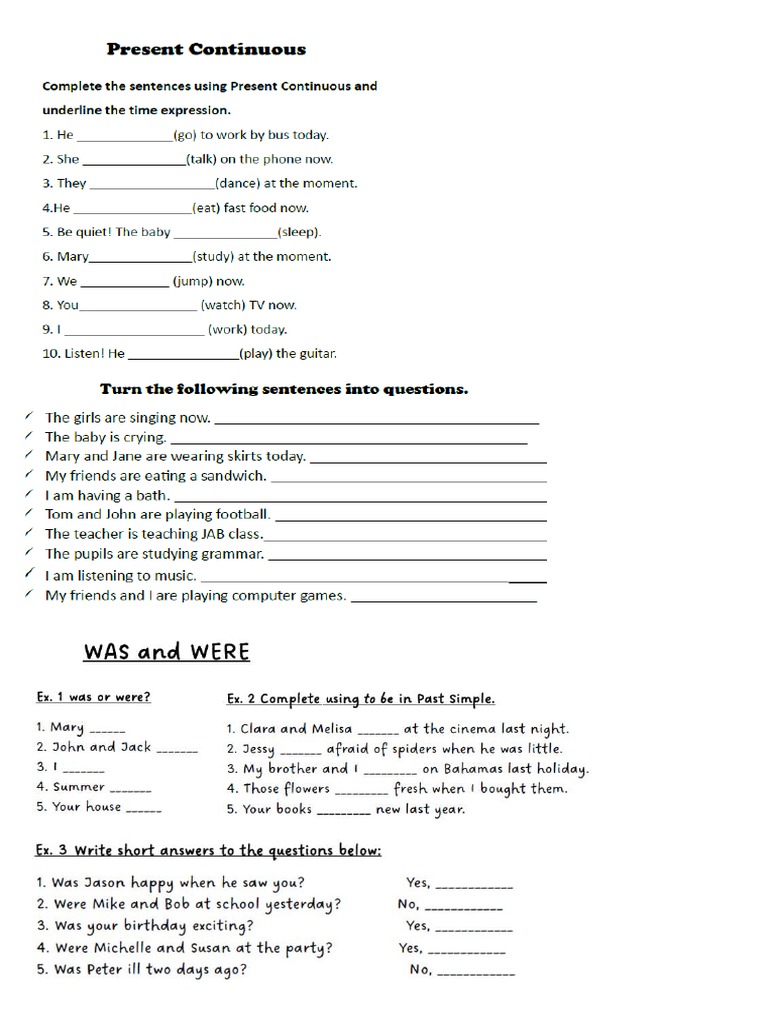 Present Continuous Was Were Test | PDF