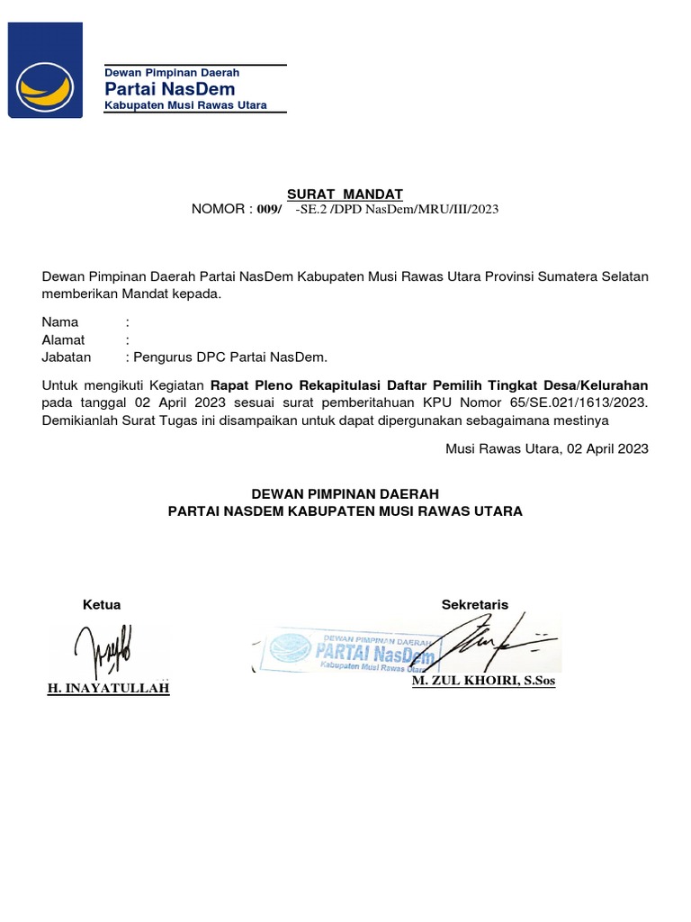 Surat Mandat DPC Partai NasDem 2023 | PDF