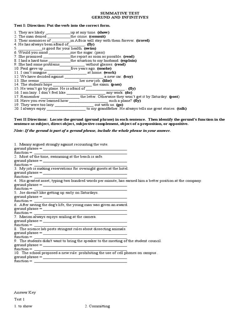 Summative Test Gerund and Infinitives | PDF | Preposition And ...