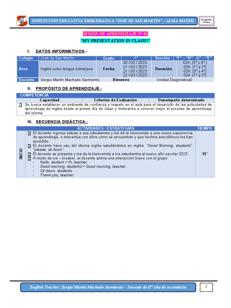 Sesión de Aprendizaje en Inglés | PDF | Aprendizaje | Modificación de ...