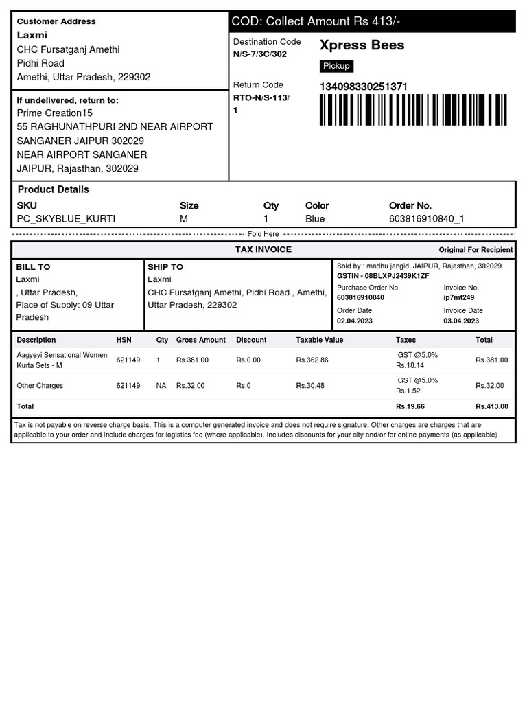 Xpress Bees: COD: Collect Amount Rs 413 | PDF | Invoice | Taxes