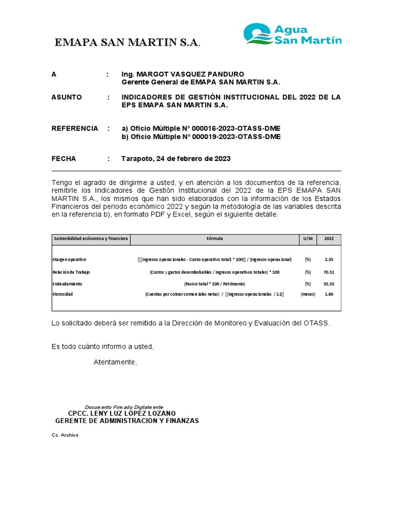 Emapa San Martin S.A: Sostenibilidad Ecónomica y Financiera Fórmula U/M 2022 | PDF | Finanzas y ...
