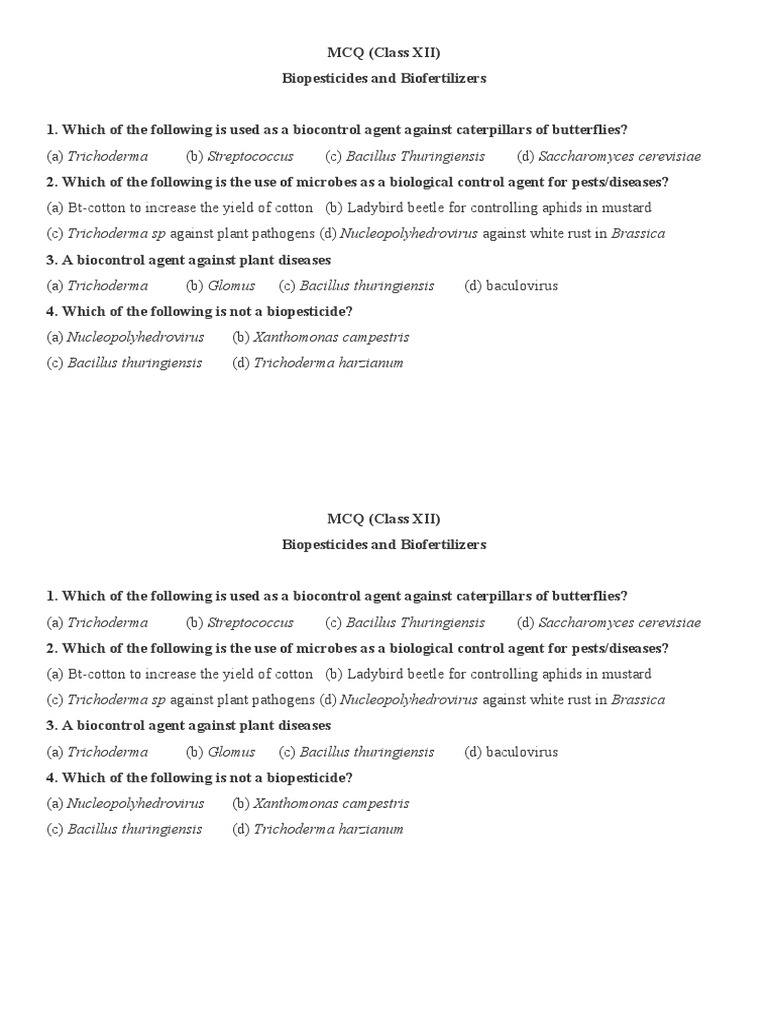 MCQ Class XII Biopesticides | PDF | Biological Pest Control | Agriculture