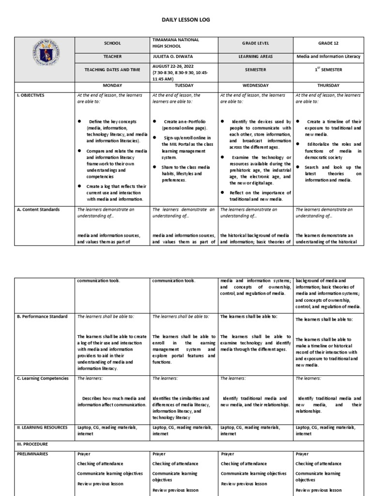Media and Information Literacy Daily Lesson Log Week 1 | PDF | Learning ...