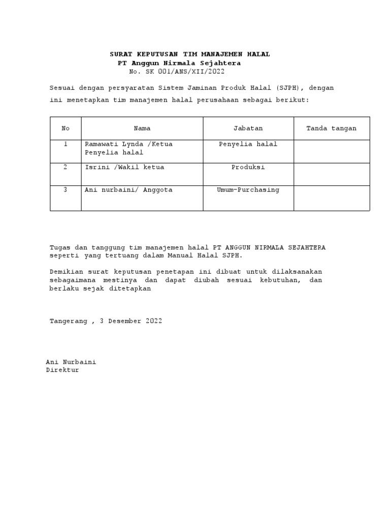 Surat Keputusan Tim Manajemen Halal PT Anggun Nirmala Sejahtera | PDF ...