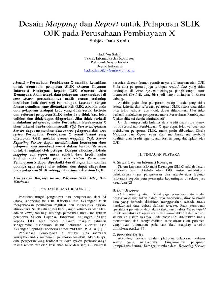 Desain Mapping Dan Report Untuk Pelaporan SLIK OJK Pada Perusahaan Pembiayaan X | PDF