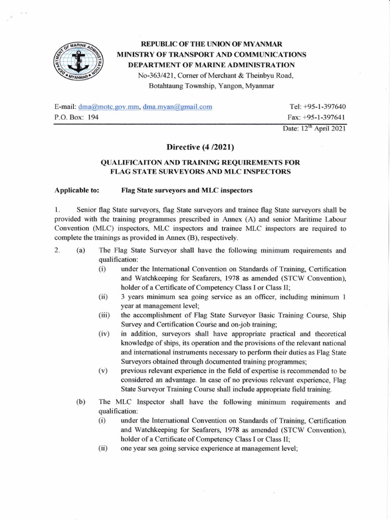 Flag State Training English Directive 4 2021 | PDF