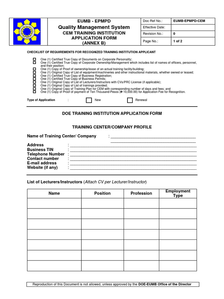 CEM Annex B Training Institution Application Form | PDF