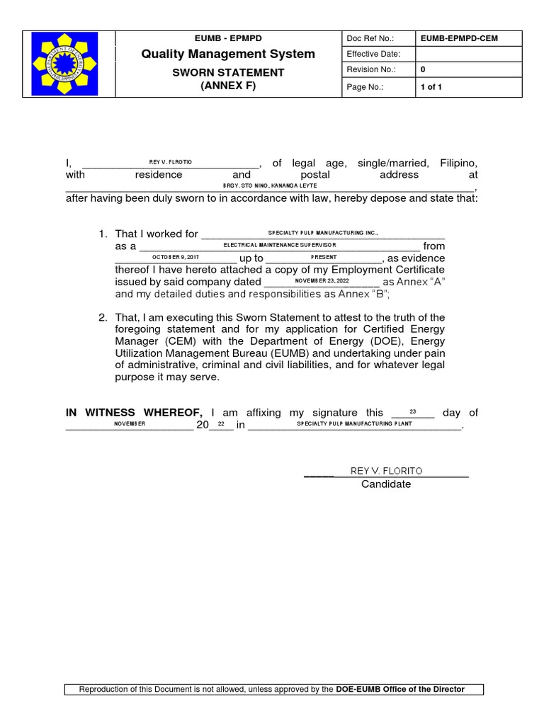 CEM Annex F Sworn Statement | PDF | Government | Common Law