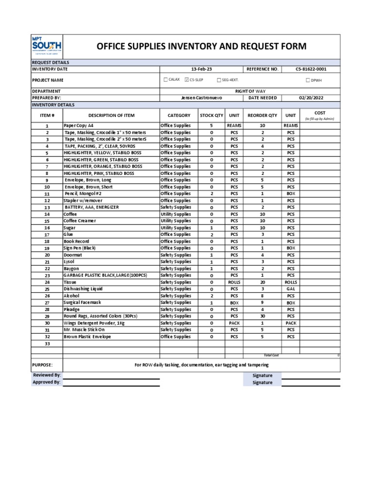 Sample Template Requesting Office Supplies | PDF