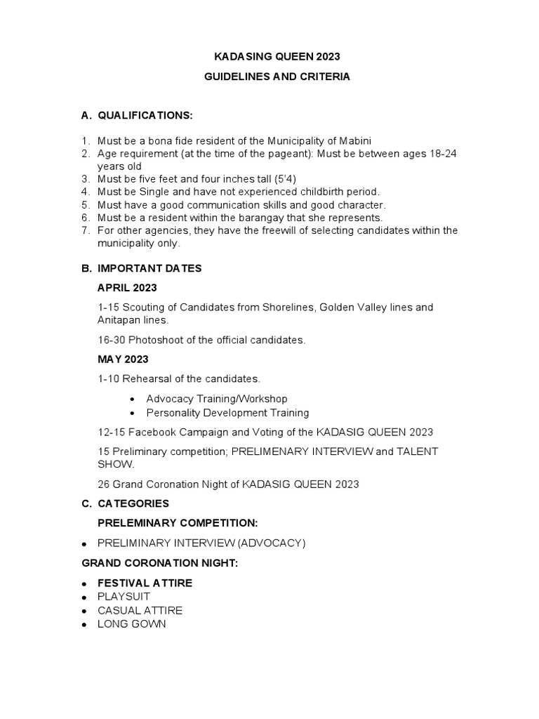 KADASIG QUEEN 2023 Judging Criteria | PDF