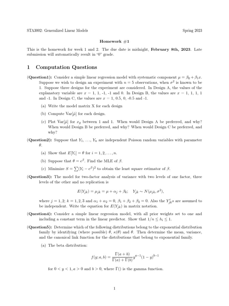1 Computation Questions: STA3002: Generalized Linear Models Spring 2023 | PDF | Regression ...