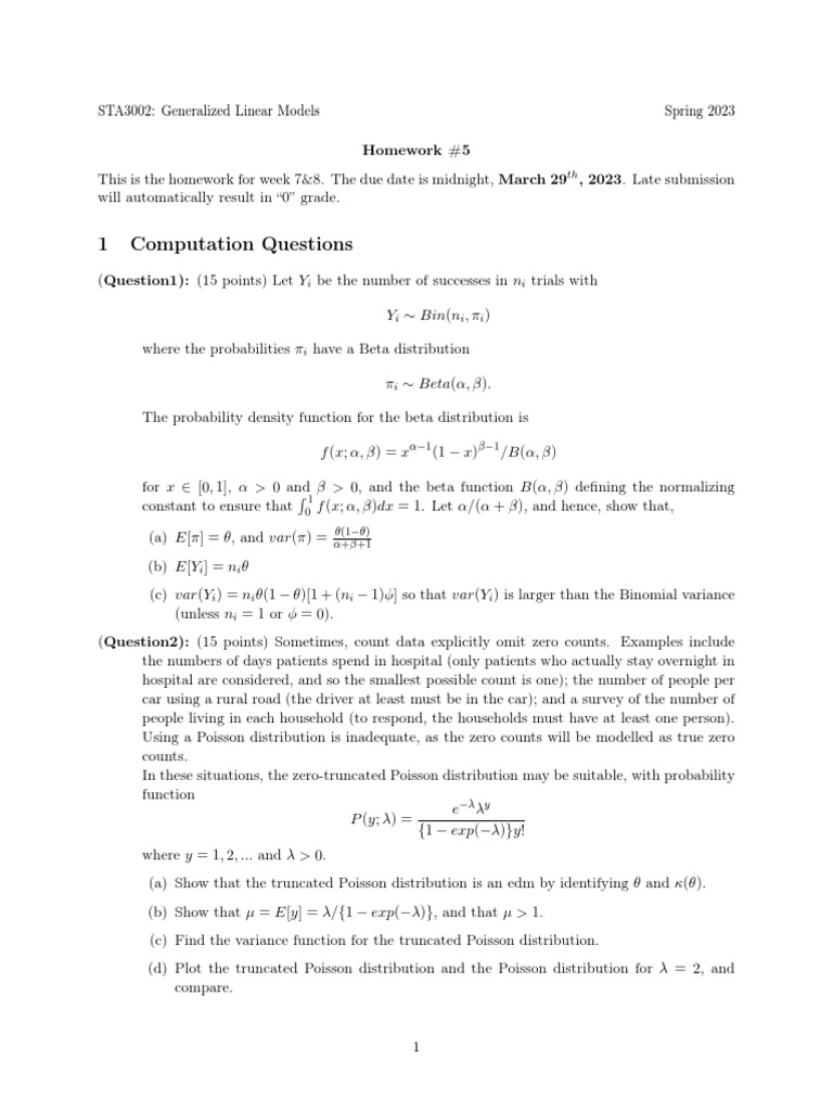 1 Computation Questions: STA3002: Generalized Linear Models Spring 2023 | PDF | Poisson ...