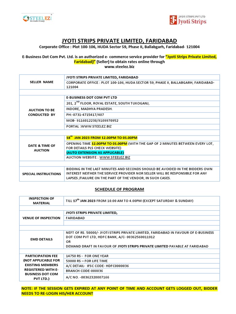 Jyoti Strips Faridabad 18TH Jan 23 | PDF | Auction | Business