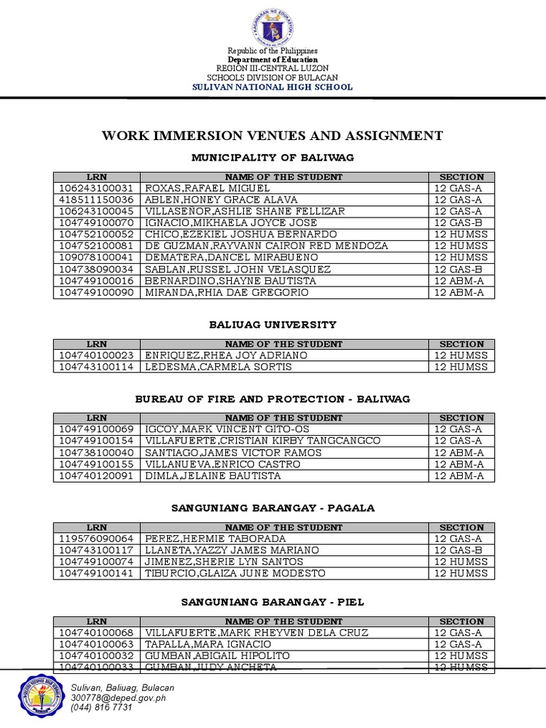 Work Immersion Venues and Assignment: Municipality of Baliwag | PDF