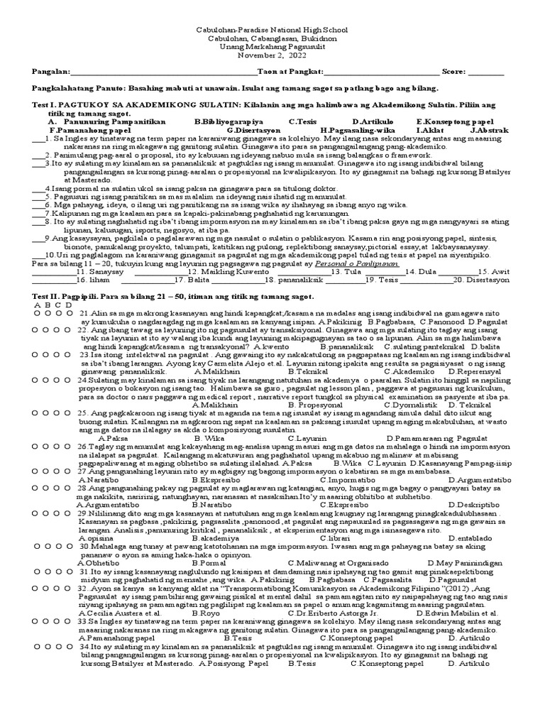 TQ Grade 12 Filipino ABM SAMPLE | PDF