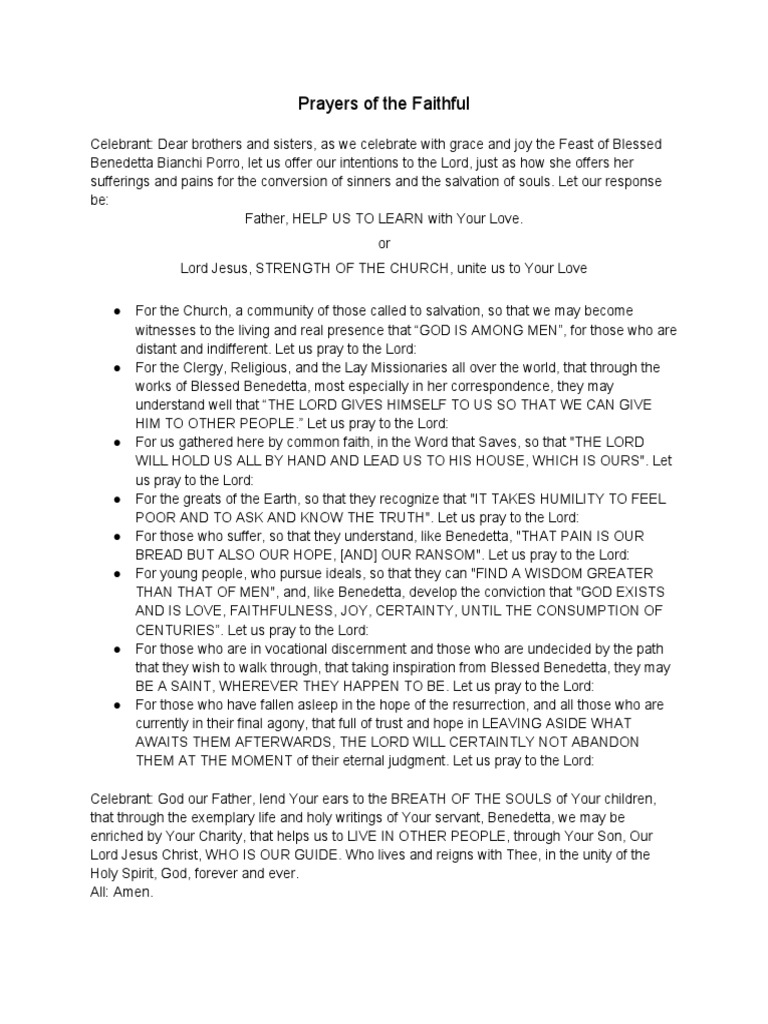 Prayers of The Faithful (Feast of Blessed Benedetta) | PDF | Prayer ...