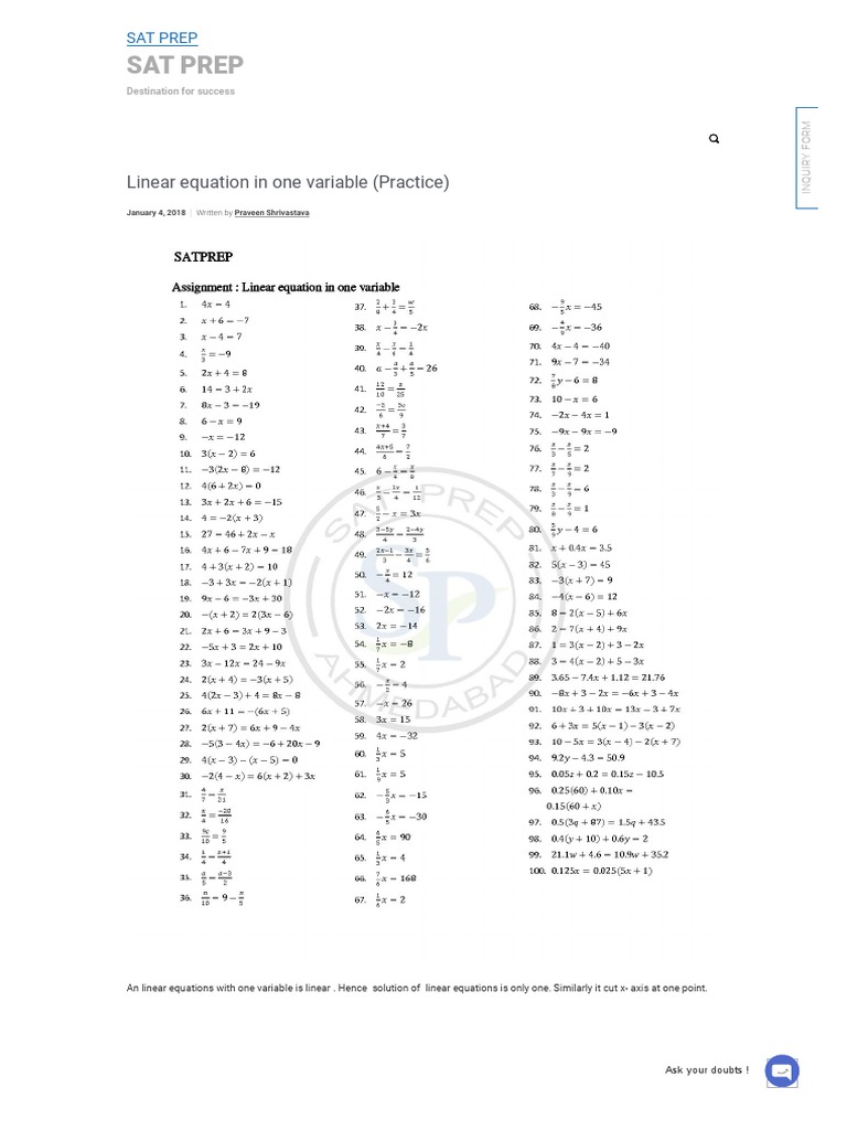 Sat Prep: Linear Equation in One Variable (Practice) | PDF