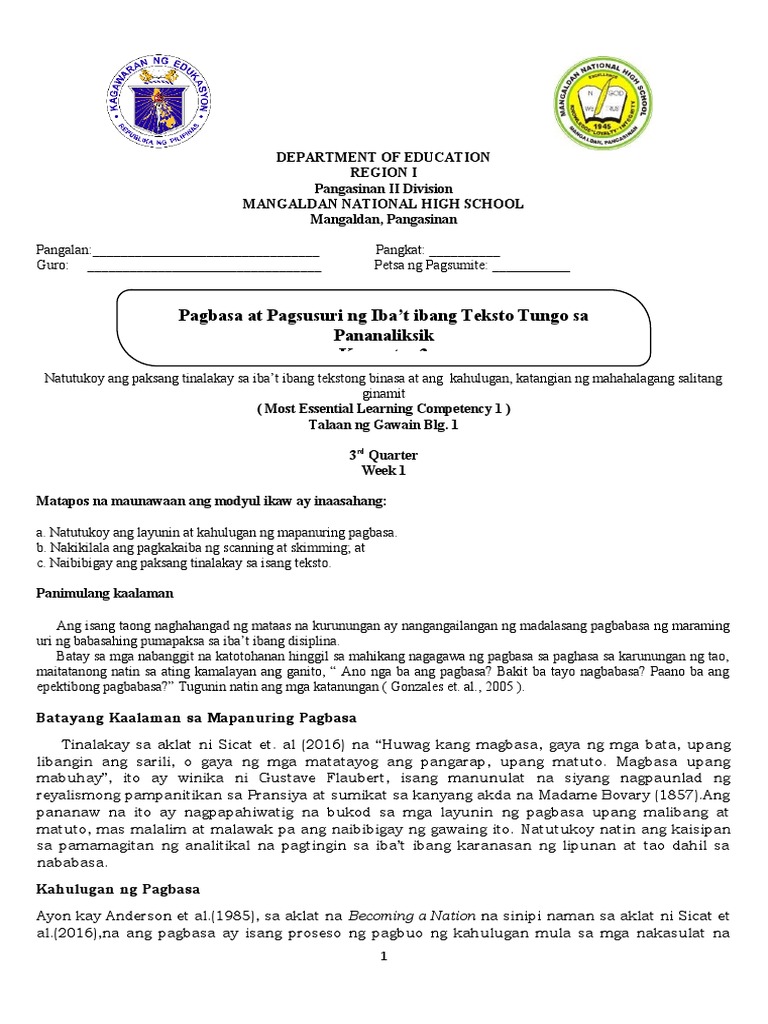 Pagbasa at Pagsusuri 3rd QTR WK 1 | PDF