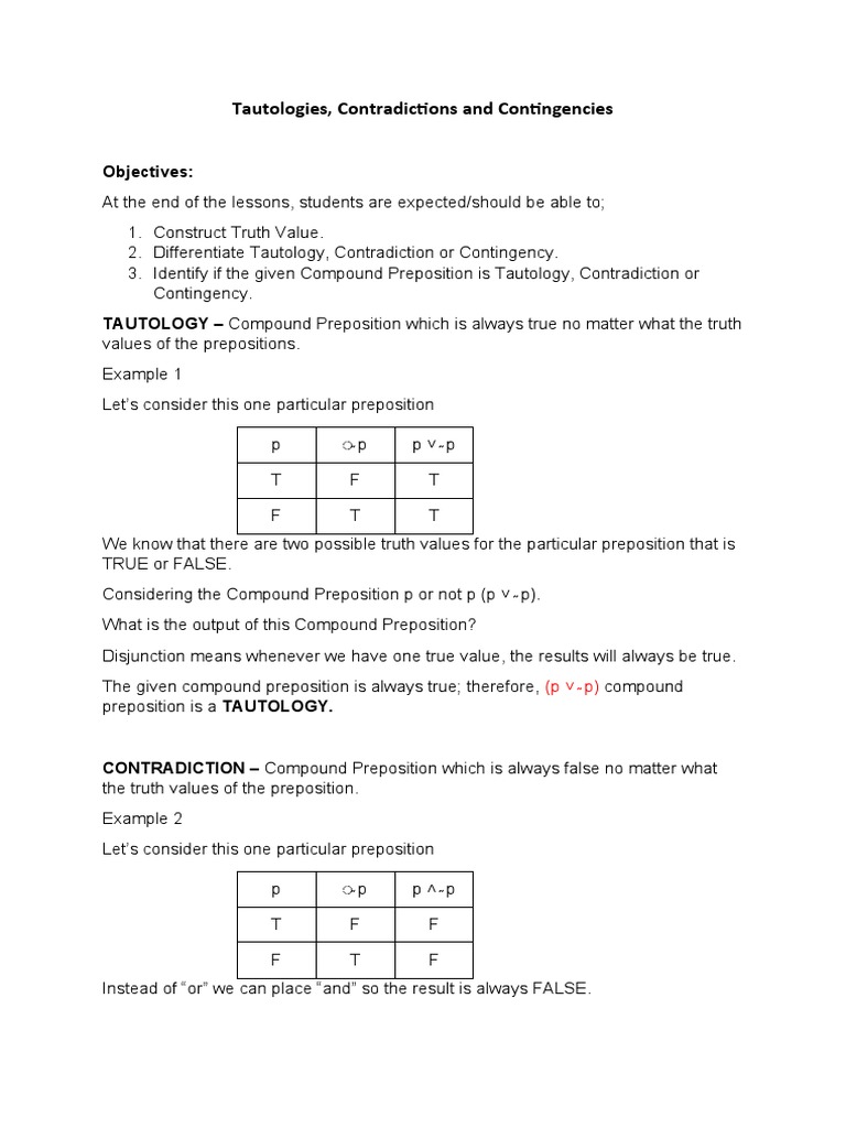 Week 2 (Tautologies, Contradictions and Contingencies) | PDF | Contradiction | Contingency ...