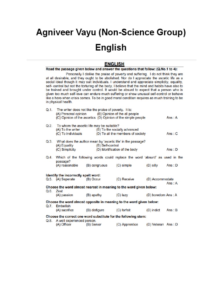 Agniveer Vayu English Exam Paper | PDF