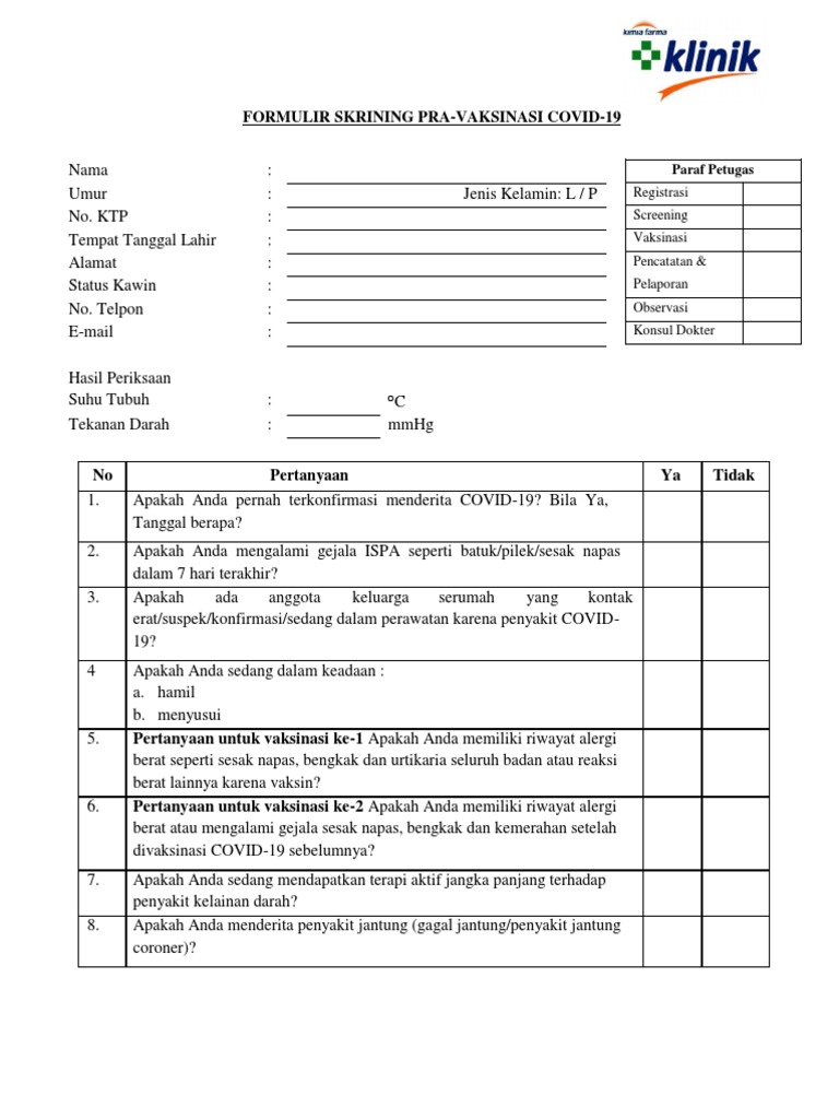 Form Skrining Pra Vaksinasi Informed Consent & Kartu Verifkasi | PDF ...