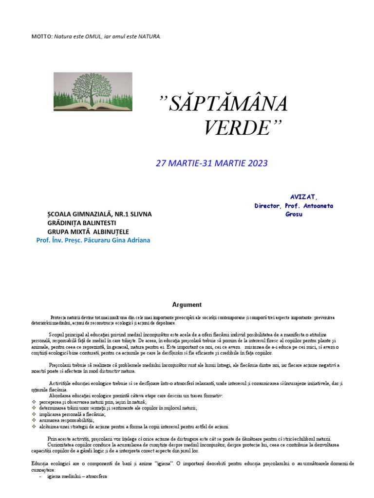 Planificare Saptamana Verde Balintesti | PDF
