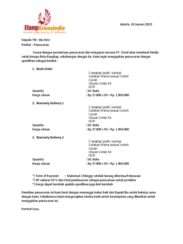 2 Rangkap (Putih, Kuning) Cetakan Warna Sesuai Contoh Cacah Ukuran Cetak A4 NCR | PDF
