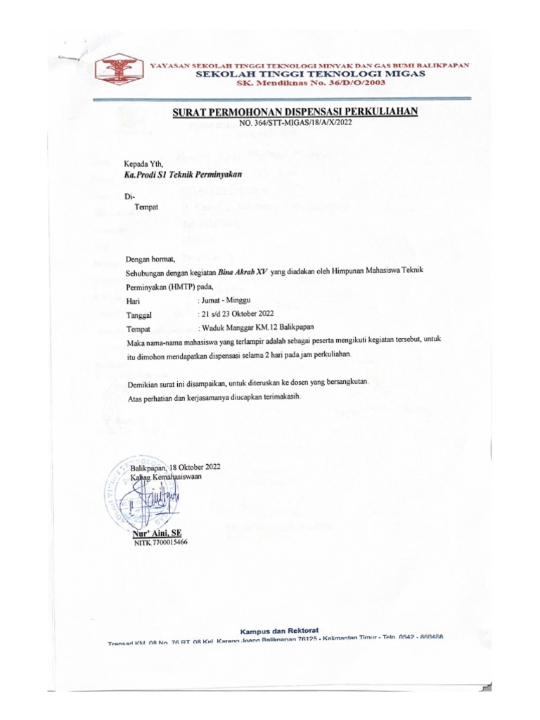 Surat Dispensasi Bina Akrab | PDF