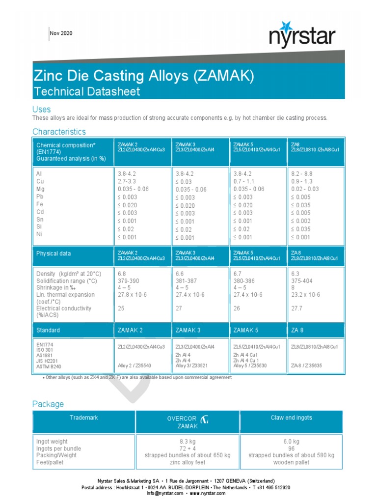 Zinc Die Casting Alloy-Zamak-2020 | PDF | Casting (Metalworking) | Sets ...