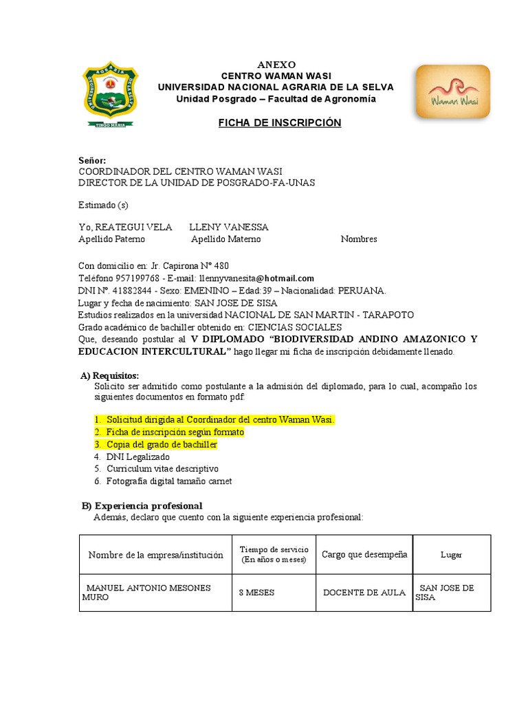 Anexo: Centro Waman Wasi Universidad Nacional Agraria de La Selva Unidad Posgrado - Facultad de ...