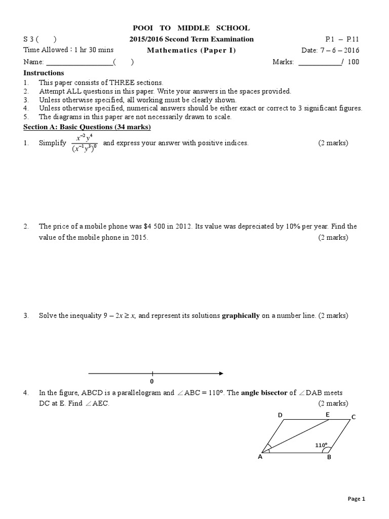 Pooi To Middle School 2015/2016 Second Term Examination Mathematics (Paper I) | PDF | Sphere | Area