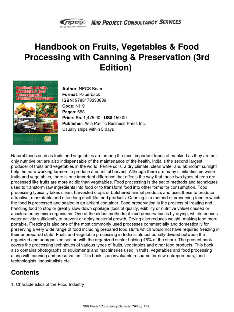 (NIIR) Hand Book On Fruits, Vegetables & Food Processing With Canning ...