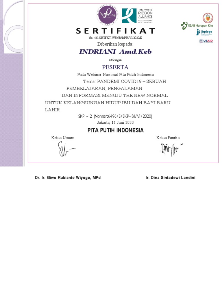 Sertifikat: Indriani Amd - Keb | PDF