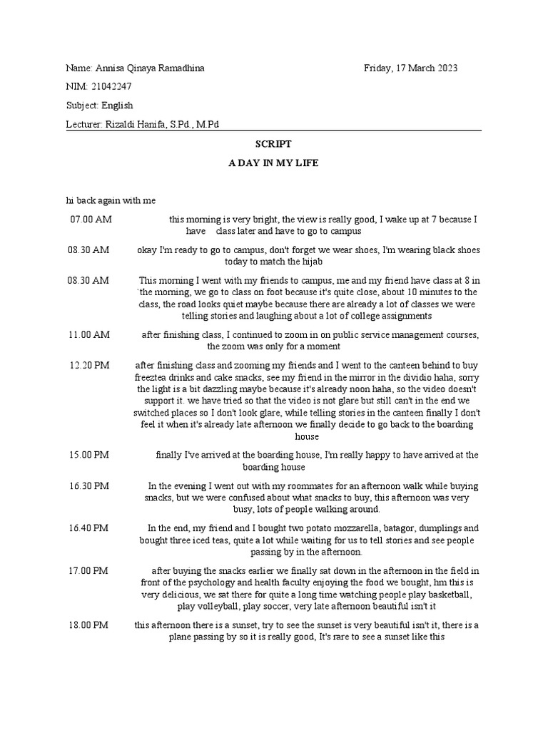 Script A Day in My Life | PDF
