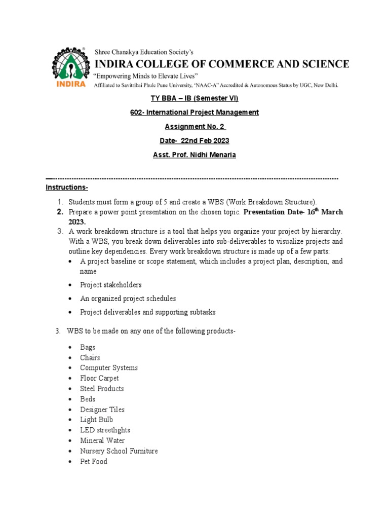 WBS Assignment for Project Management | PDF