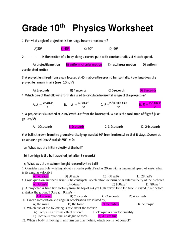 Grade 10 Physics Worksheet | PDF | Torque | Acceleration