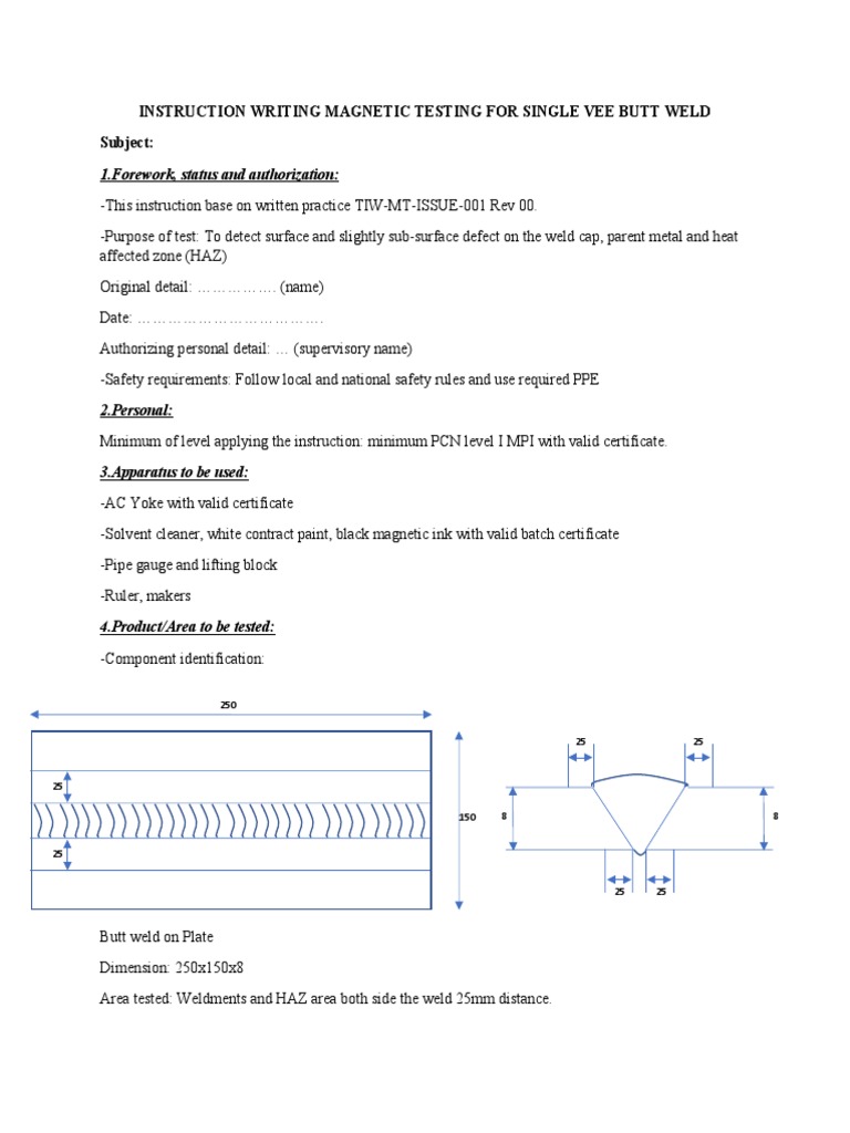 Instruction Writing Magnetic Testing For Single Vee Butt Weld ...