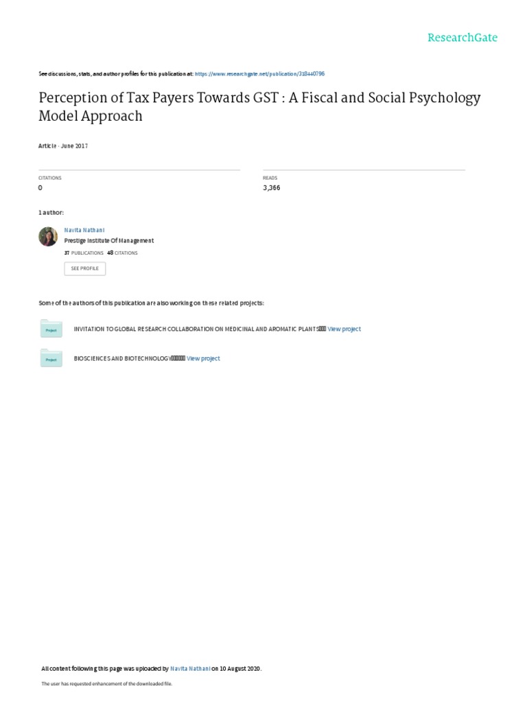 Perception of Tax Payers Towards GST: A Fiscal and Social Psychology ...